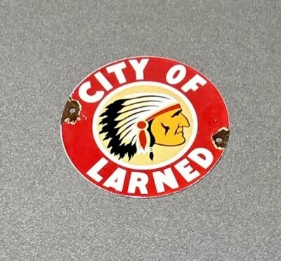 VINTAGE CITY OF LARNED INDIAN PORCELAIN SIGN CAR GAS AUTO OIL | eBay