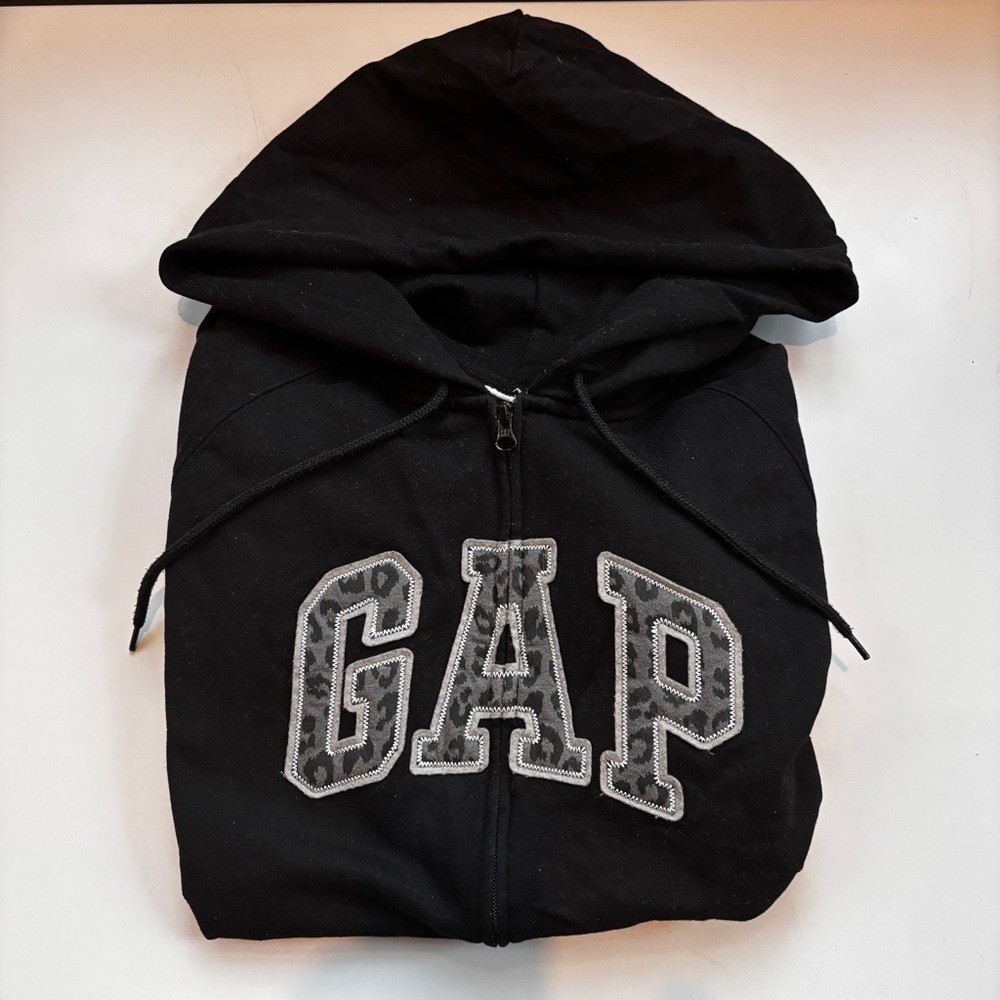 GAP Cheetah Print Logo Hoodie Black Gray Logo Full Zip Sweatshirt ...