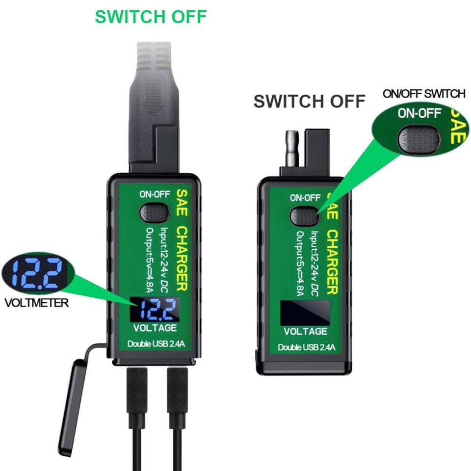 US Waterproof Motorcycle SAE To Dual USB Charger Port Voltmeter Adapter ...