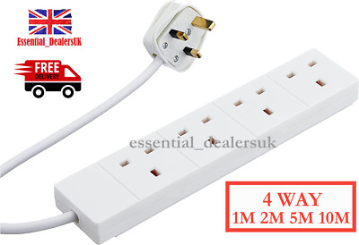 4 Way UK Extension 1M 2M 5M 10M Lead Cable Main Plug 4 Plugs Safety ...