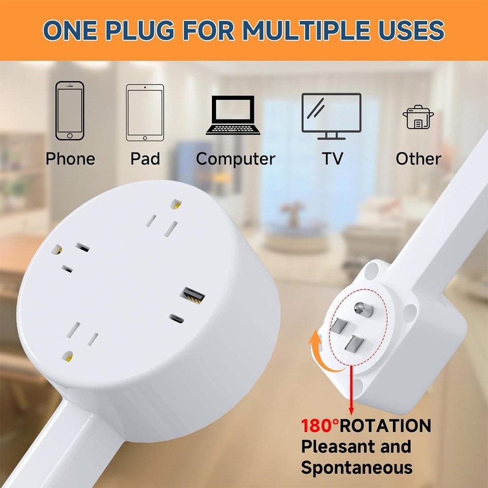 180° Rotating Plug Outlet Extender Stick 26 in Electrical Multi Plug ...