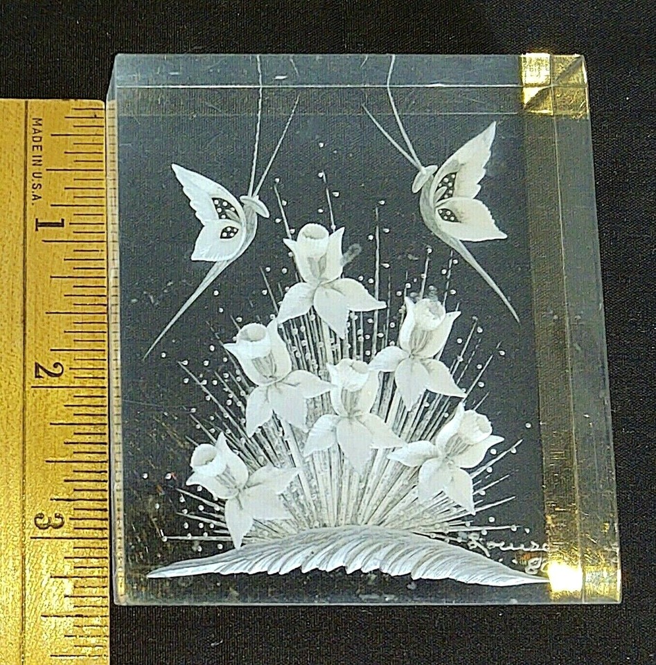 VINTAGE LUCITE ACRYLIC REVERSE CARVED FLOWERS PAPERWEIGHT | eBay