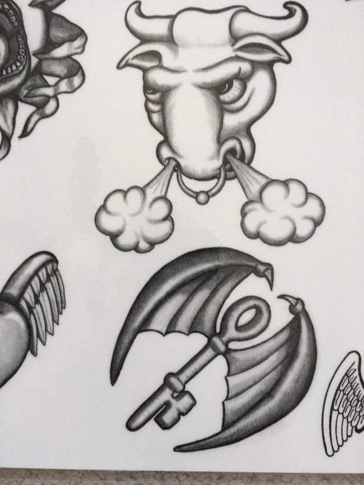 Tattoo Flash Single Sheet Print by Angel Flash Sun Bull Skull Heart 11 ...