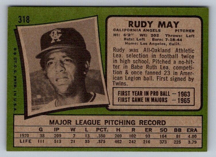 Baseball Trading Card | 1971 Rudy May Topps #318 | eBay