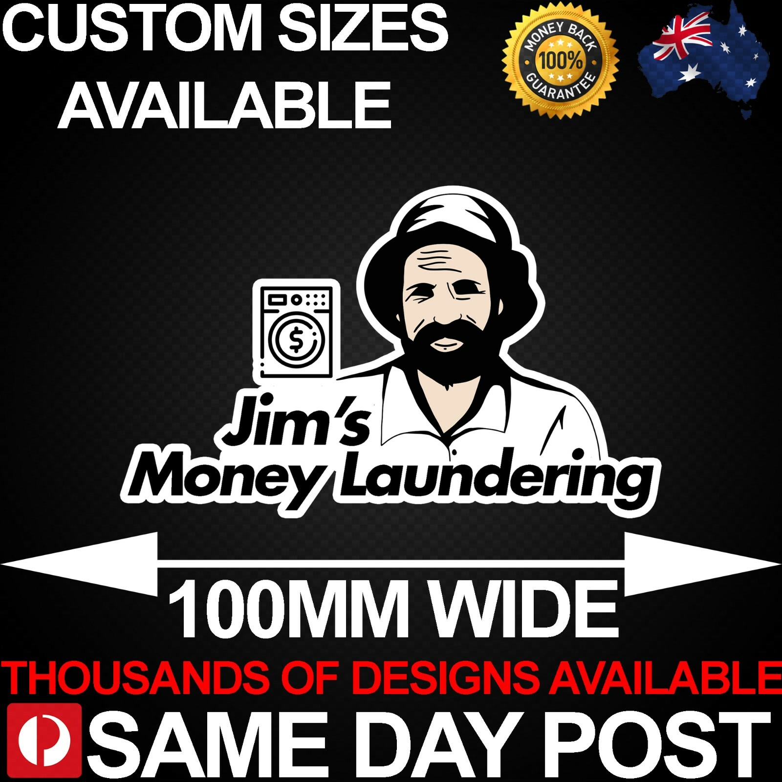 JIMS MONEY LAUNDERING 100mm Wide Vinyl Car Sticker Decal Cheap Funny ...