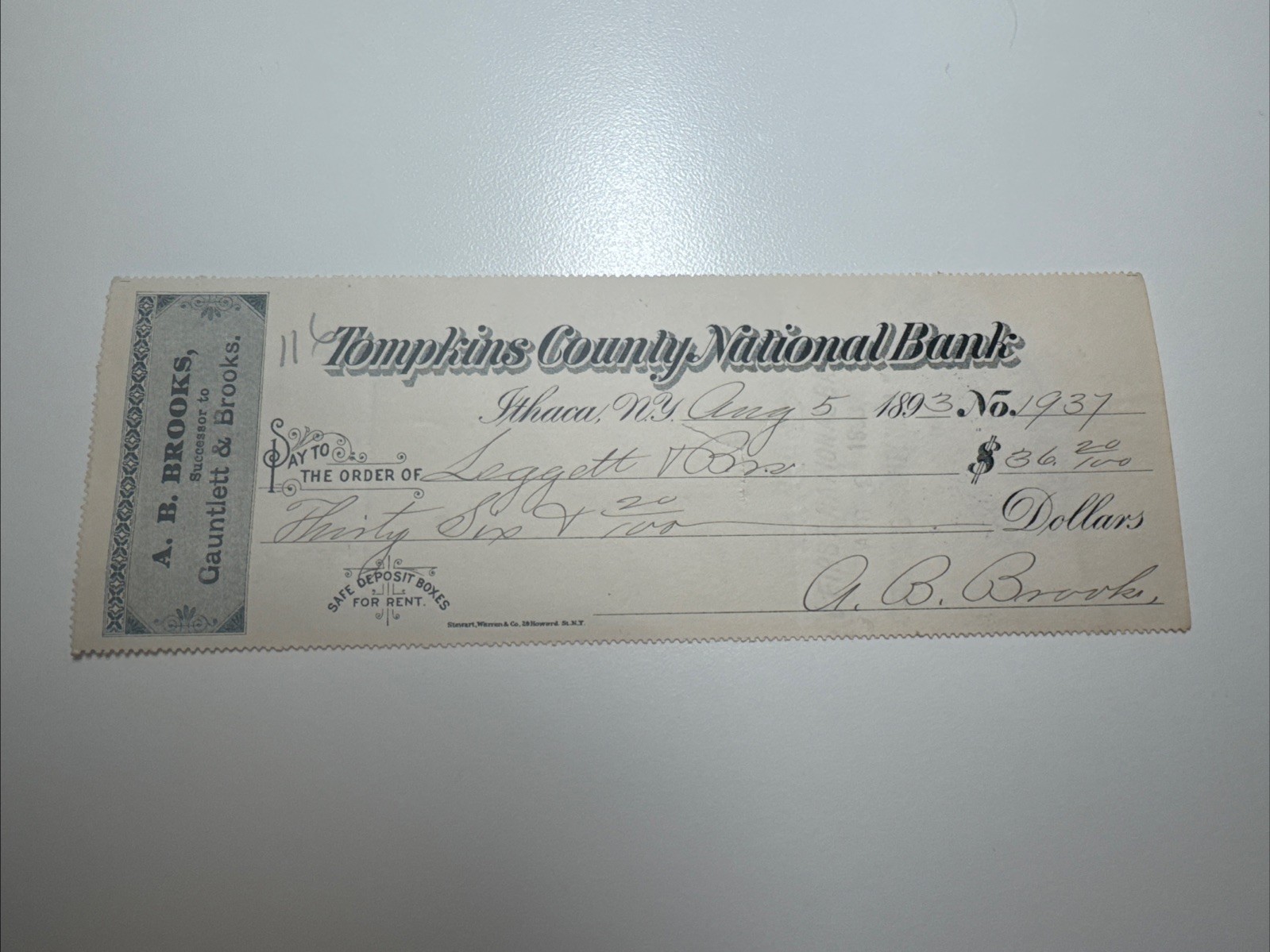 Tompkins County National Bank - Bank Check - Ithaca NY - 1893 | eBay