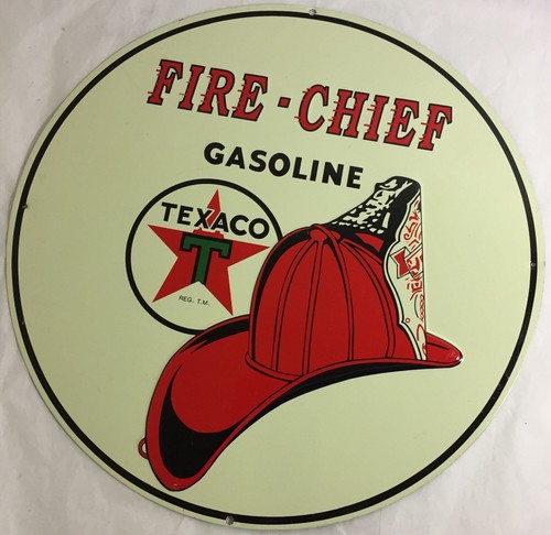 Texaco Fire Chief Gasoline Round Metal Tin Sign Beige Red MADE in USA ...