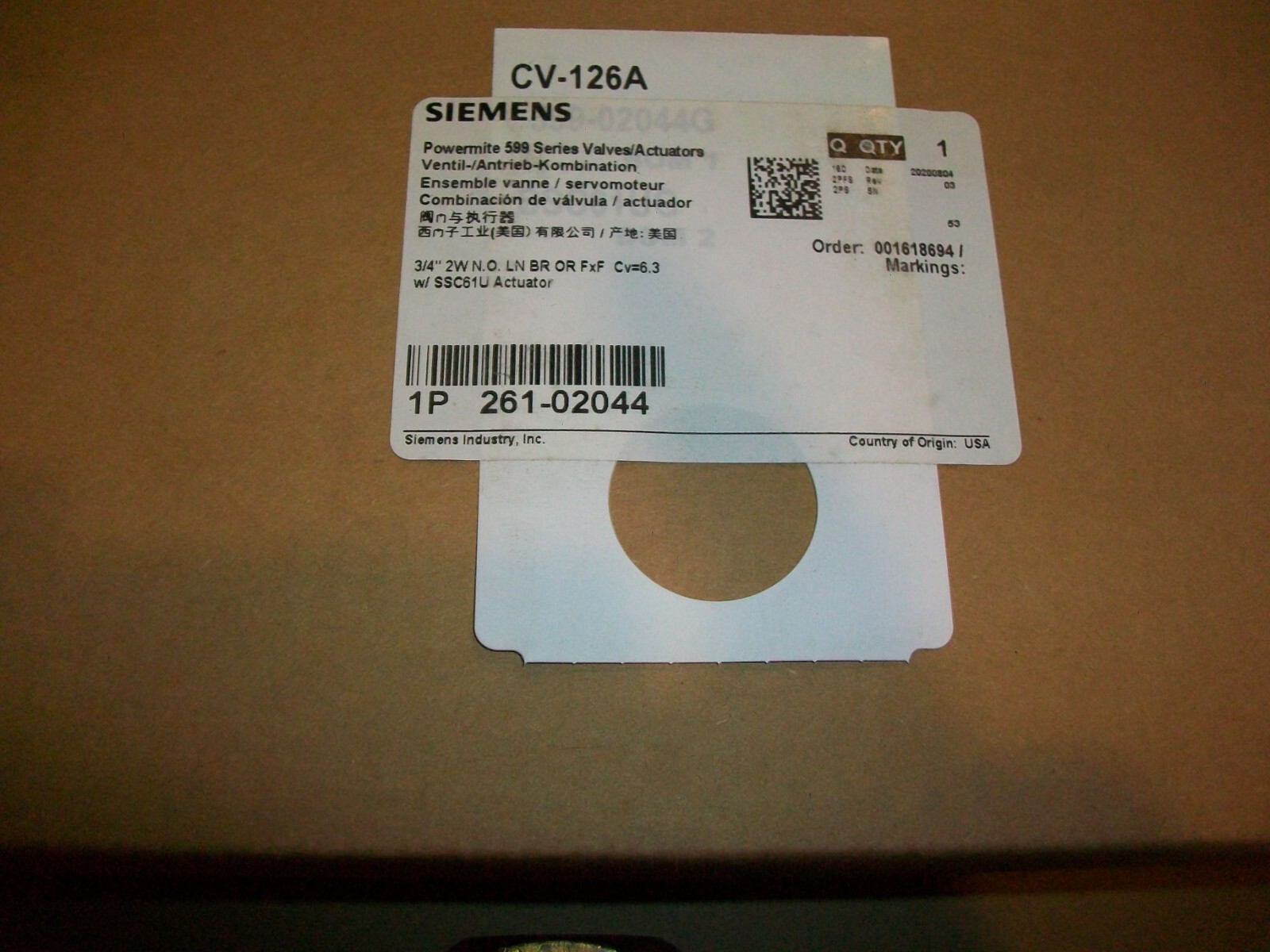 SIEMENS 261-02044 3/4 NPT Powermite MT Series 2-Way N.O. Valve Actuator ...