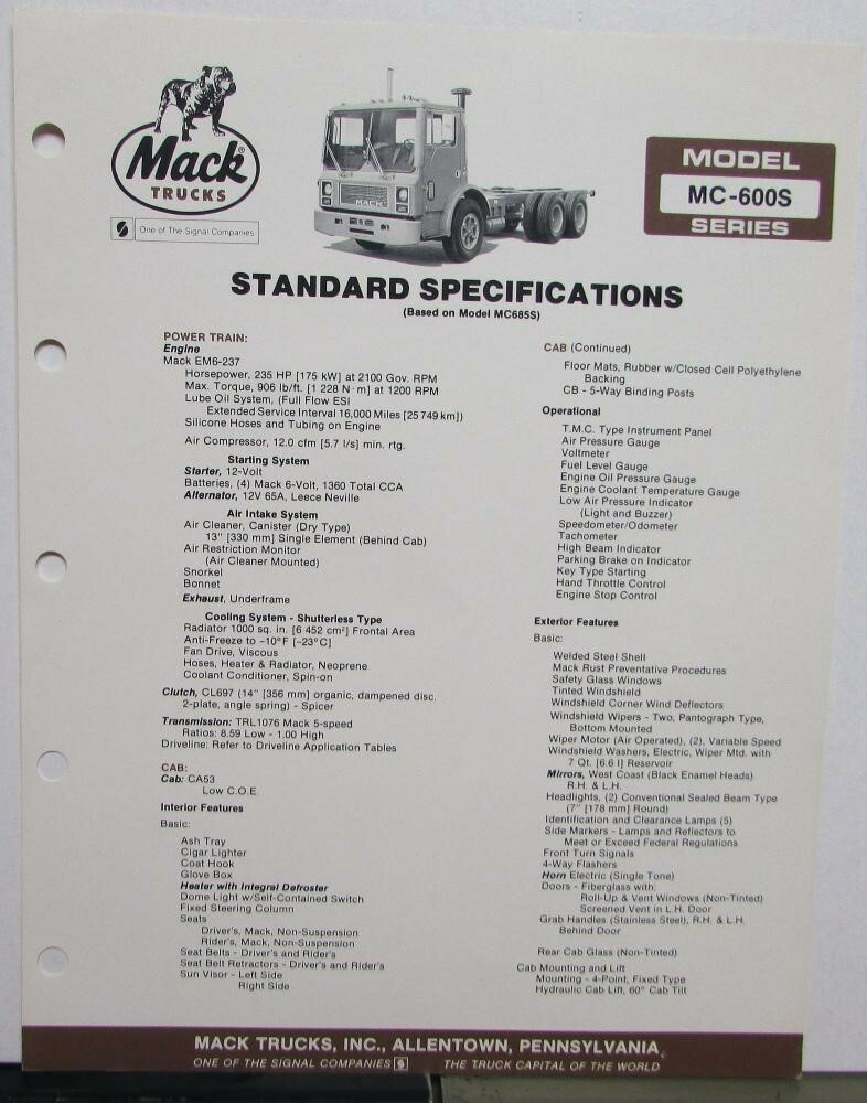 1982 Mack Trucks Model MC 600S Diagrams Dimensions Sales Brochure ...
