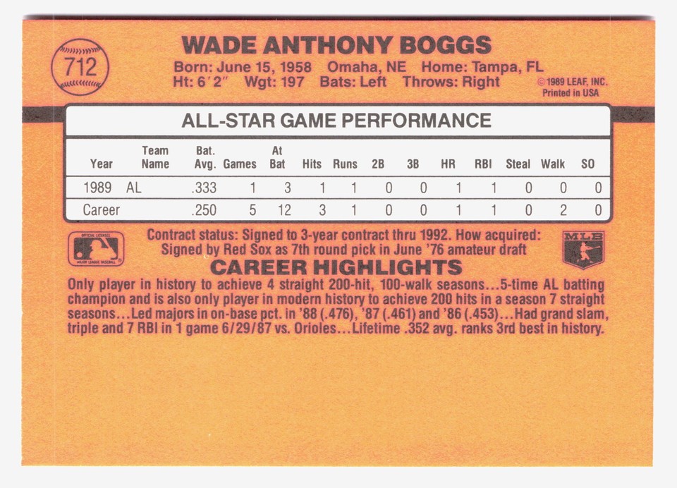 1990 Donruss Wade Boggs Error Boston Red Sox #712a | eBay