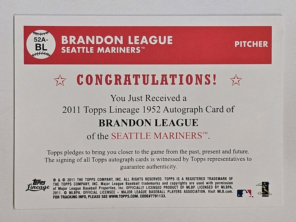 2011 Topps Lineage 1952 BRANDON LEAGUE #52A-BL Auto Autograph Seattle ...