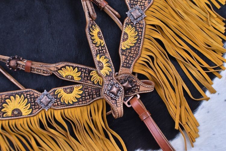 Painted Sunflower Browband Headstall & Fringe Breast Collar & Reins NEW ...