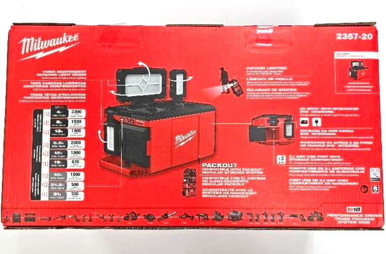 Milwaukee 2357-20 LED Packout Light Light & Charger 3 Pivoting Heads ...