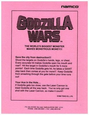 Namco Godzilla Wars Arcade Game Flyer Brochure 1993 Vintage Pink Promo ...