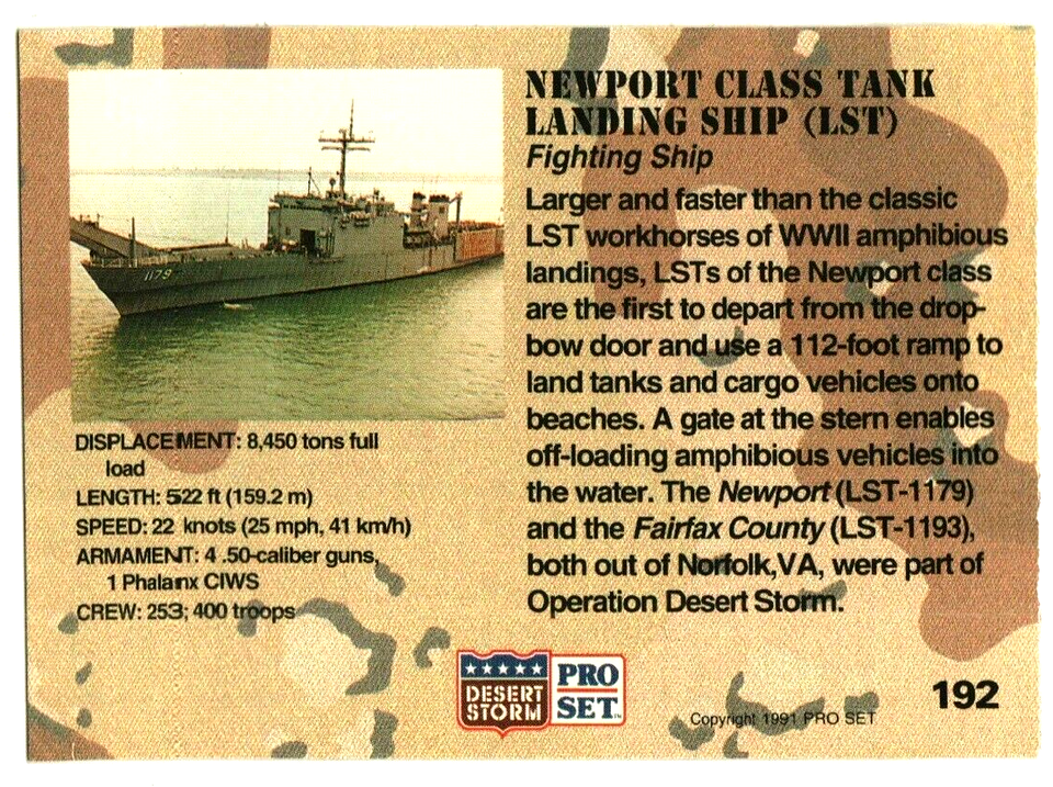 1991 PRO SET DESERT STORM MILITARY CARD - NEWPORT CLASS TANK LANDING ...