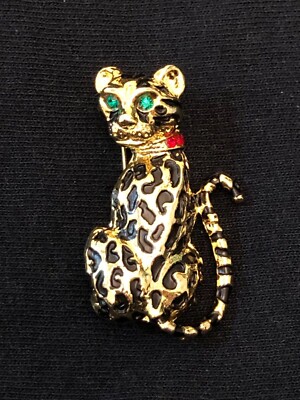 Vintage Gold ToneBlack Enamel With Green Rhinestone Cheetah - Metal ...