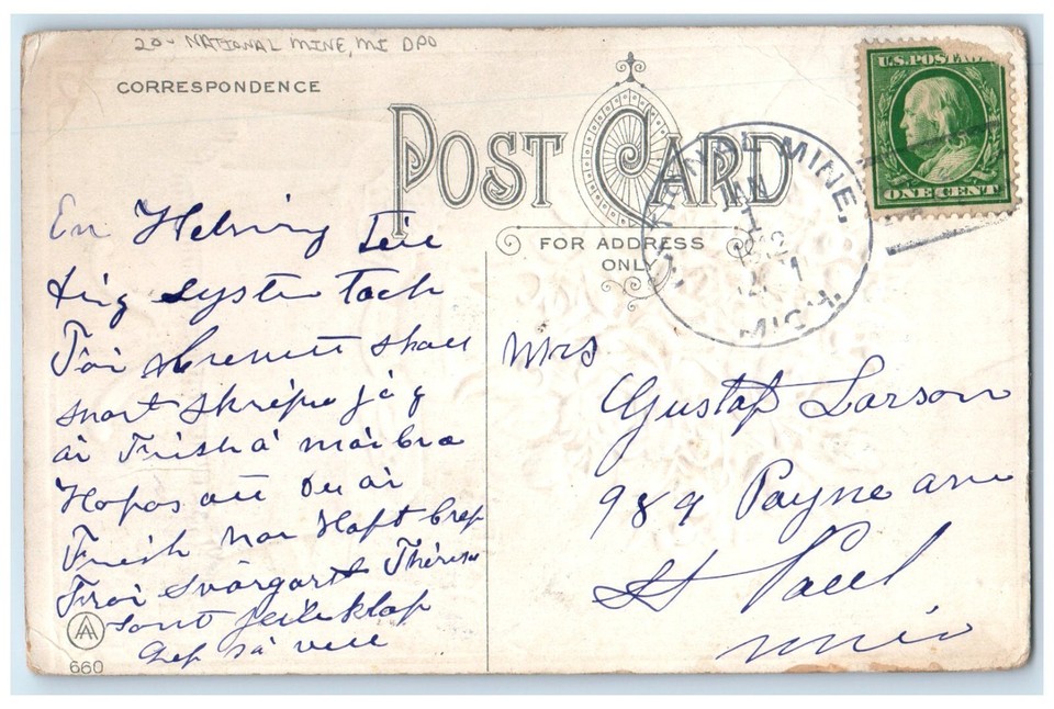 1912 A Few Lines Flowers On Table National Mine Michigan MI DPO Posted ...