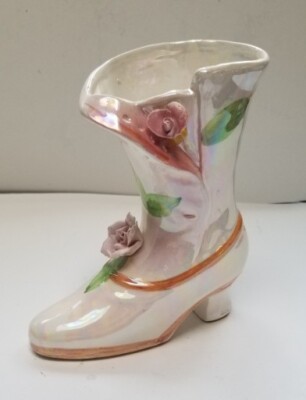 Vintage Porcelain Sophia Ann Victorian Boot Vase Pink White Floral Iridescent | eBay