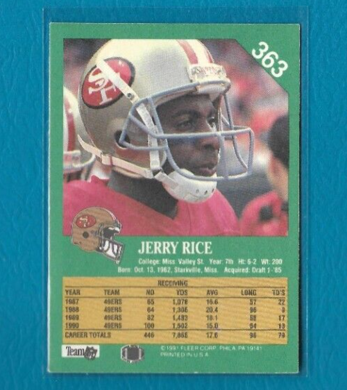1991 Fleer Football JERRY RICE Card, San Francisco 49ers HOF #363 | eBay