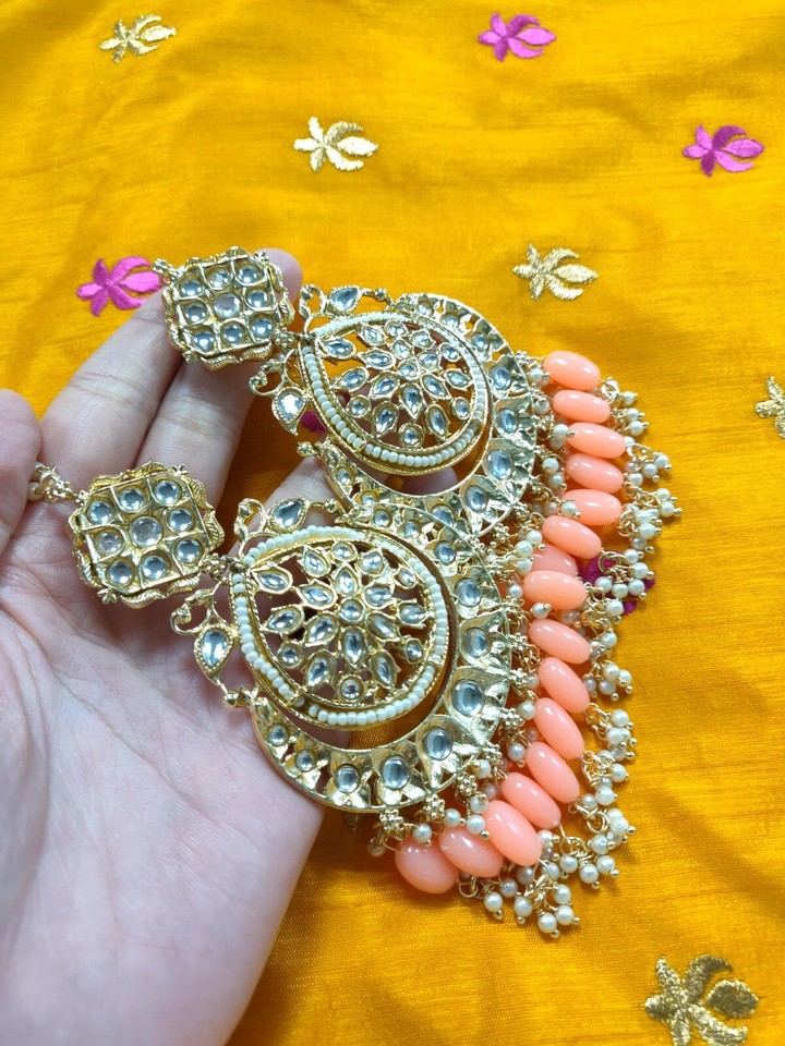 Ethnic Indian Earrings/Bollywood Seher Earrings/Peach Pearl Imitation ...