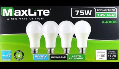 MaxLite 75W Lightbulb 10W-LED 5000K Daylight 1100 Lumens Dimmable 4 ...