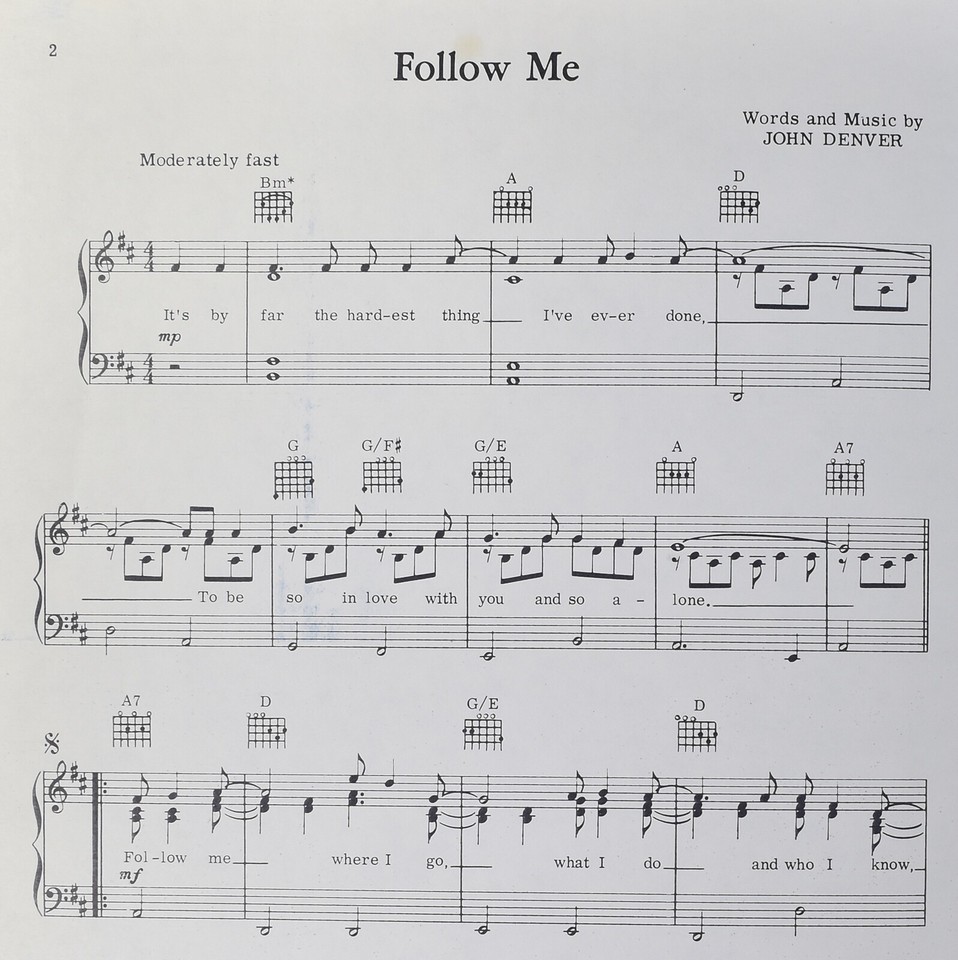 1971 JOHN DENVER Sheet Music FOLLOW ME Piano Vocal Guitar | eBay