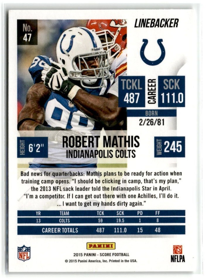 Robert Mathis Indianapolis Colts 2015 Score Scorecard #47 | eBay