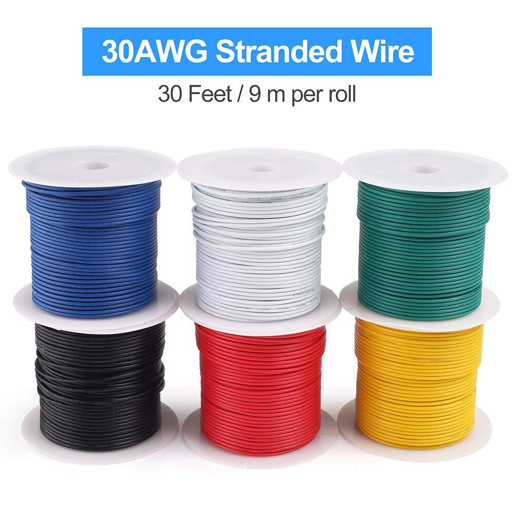 6 Rolls 30ft 22/30 AWG Flexible PVC Electric Wire Hook Up Coper Cable ...