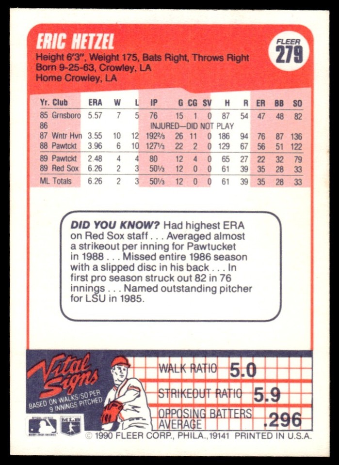 1990 Fleer Baseball Card Eric Hetzel Boston Red Sox #279 | eBay