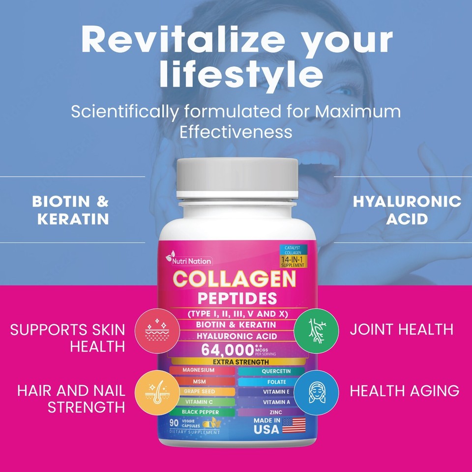 Collagen Peptides Pills 1000mg Hydrolyzed Anti Aging Capsules Types I ...