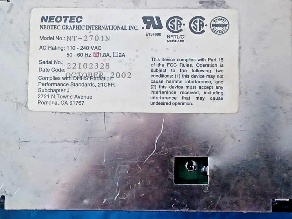 NeoTec NT-2701 Arcade Monitor Chassis Board 27" Medium Res - Complete ...