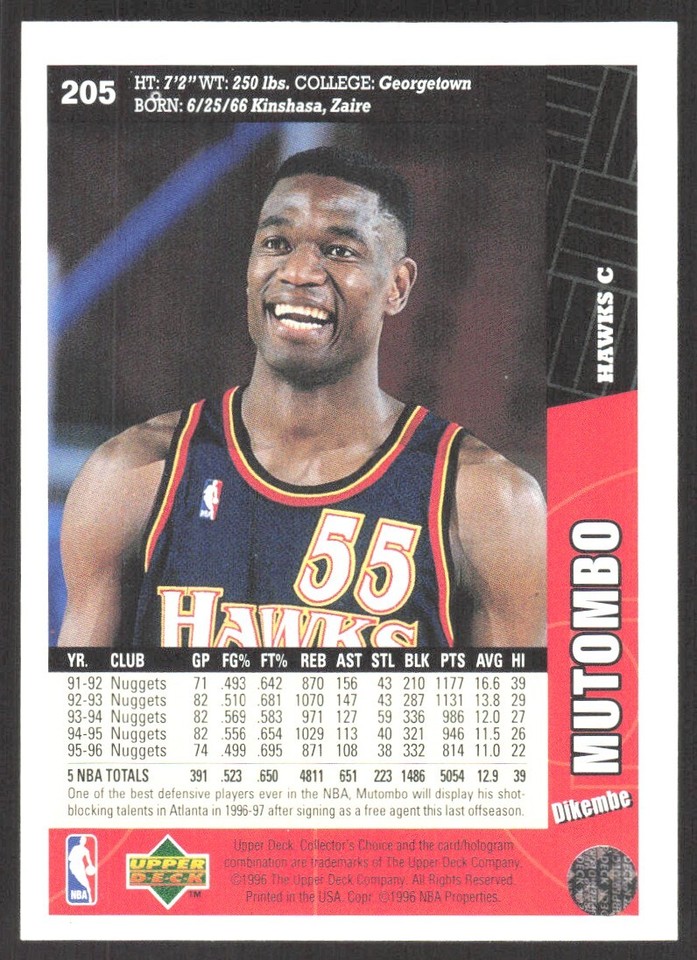 1996-97 Collector's Choice Dikembe Mutombo Atlanta Hawks #205 | eBay