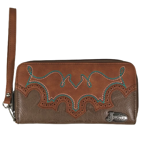 Justin Women Wallet Western Wristlet Clutch Brown Teal Embroidery Zip ...