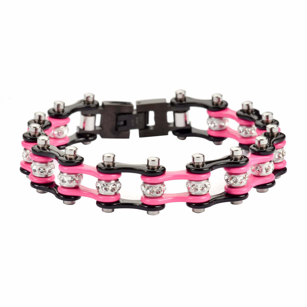 10 mm Ladies Stainless Steel Black Pink Motorcycle Biker Bracelet 50 | eBay