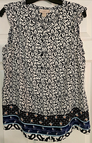 Loft Top Cap Ruffle Sleeve Round Neck W/4 Buttons Size L Black & White ...