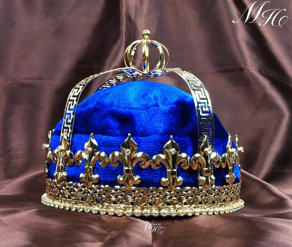 Blue Velvet Crown Imperial Medieval Tiara Diadem For Men Pageant Party ...