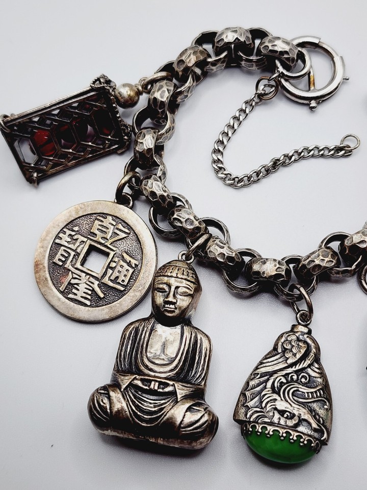 VERY CHUNKY Vintage SIGNED Napier ASIAN THEMED Fob CHARM BRACELET ...