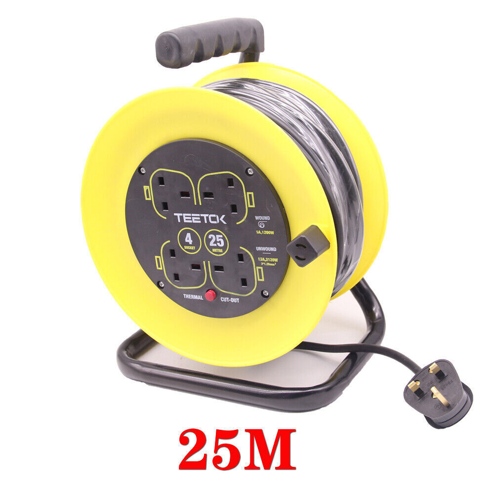 4 Way Gang Extension Reel 25m Cable Lead Mains Socket Safety Cut Out ...