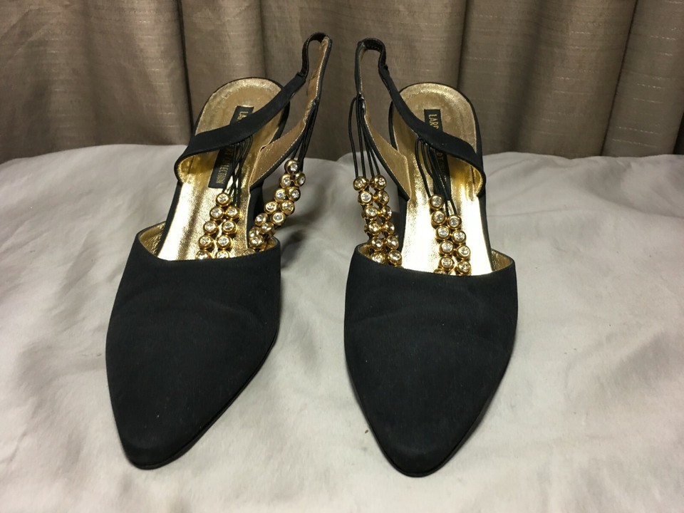 Sz 7.5 M Larry Stuart Collection Black Fabric Slingback With Gold Tone ...