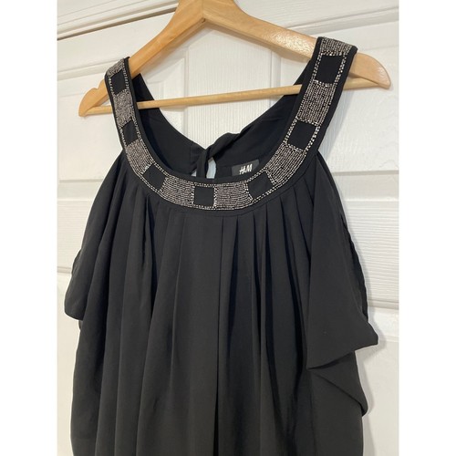 H&M Beaded Neck Flowy Gauzy Black Short Shift Dress Party S 6 Sexy ...