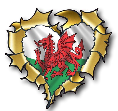 Ripped Torn Metal GOLD HEART Welsh Dragon Wales CYMRU Flag vinyl car ...