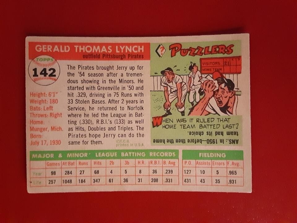 1955 TOPPS BASEBALL SET-BREAK #142 JERRY LYNCH PITTSBURGH PIRATES EX+ ...