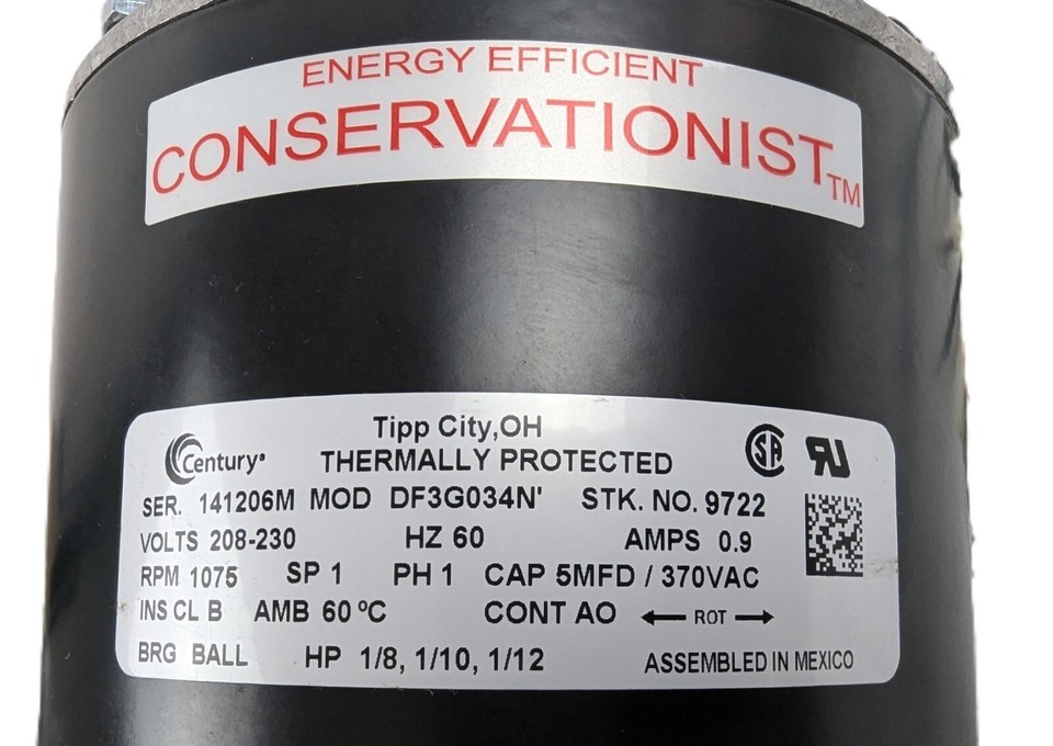 Century 9722 Multi-HP Condenser Fan Motor 1/8 1/10 1/12HP 1075RPM 208 ...