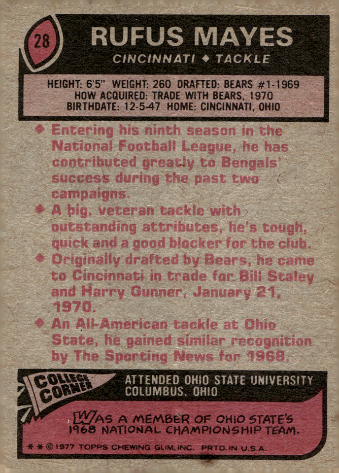 1977 Topps - #28 Rufus Mayes Bengals | eBay