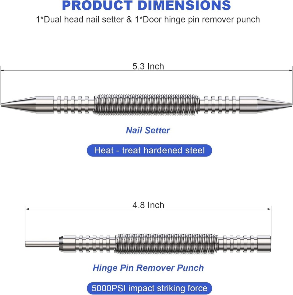 Spring Loaded Nail Set Tools,2-PCS Dual Head Nail Setter and Hinge Pin ...