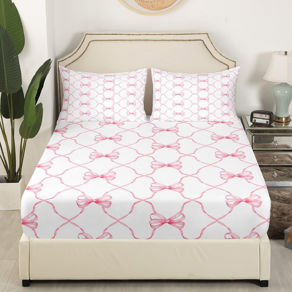 Pink Bow Sheet Set Cute Bowknot Twin Bed Sheets Girls Grids Ribbon Bow ...
