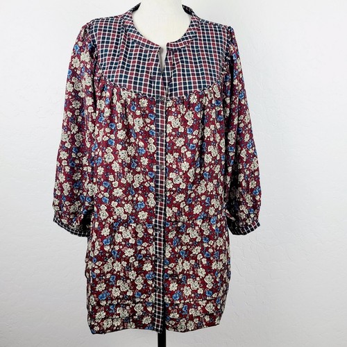 Pol Top L Burgundy Blue Mixed Floral Plaid Button-Front 3/4 Sleeve ...