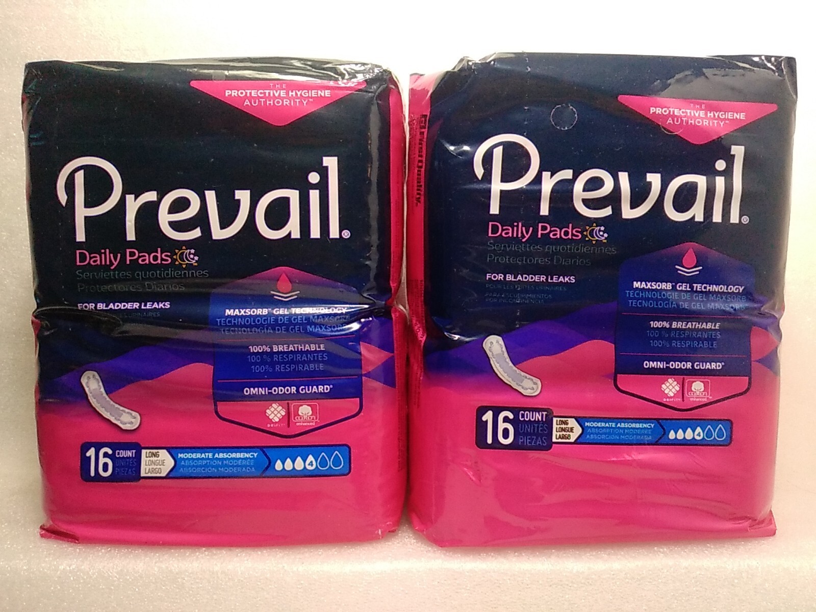 ×2) Prevail ~Daily Pads For Bladder Leaks ~16ct Each (32 Total Pads ...