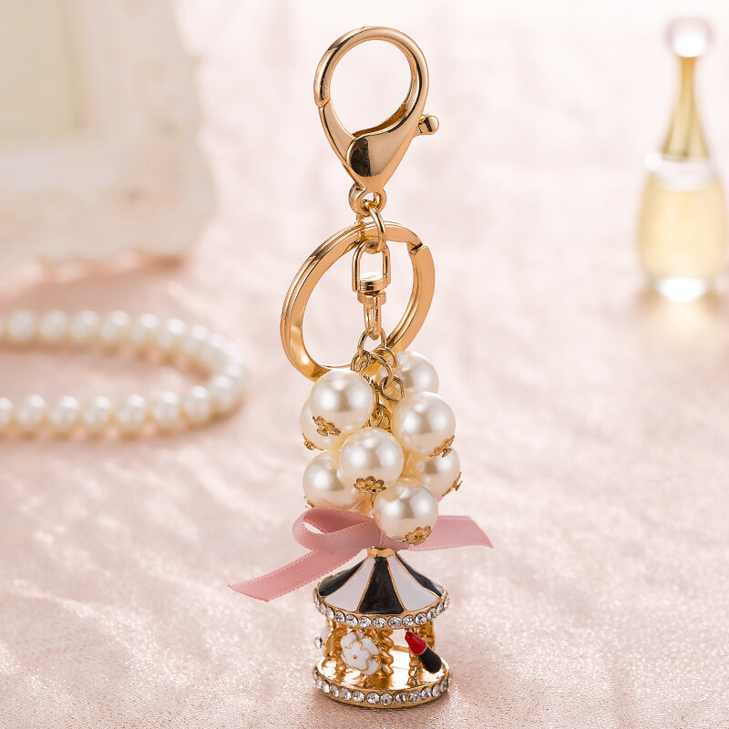 Pink/Blue/Black Carousel Keychain Womens Gold Car Key Ring White Pearl ...