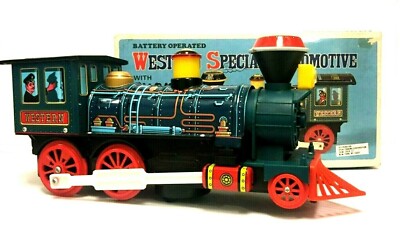 VINTAGE BATTERY OPERATED WESTERN SPECIAL SMOKING LOCOMOTIVE PLASTIC TIN ...